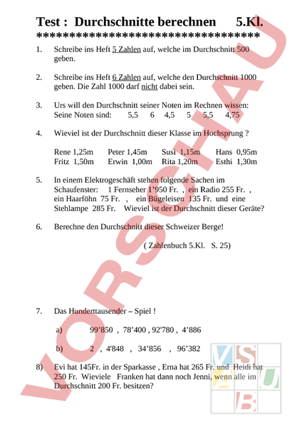 Arbeitsblatt: Durchschnitte ausrechnen - Mathematik - Anderes Thema