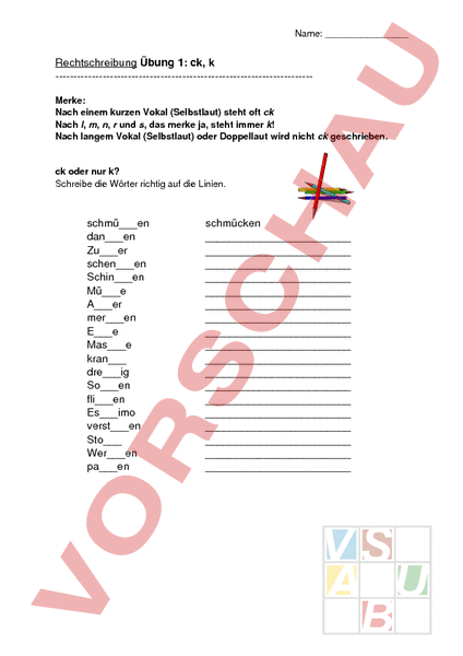Arbeitsblatt: ck, k - Deutsch - Rechtschreibung