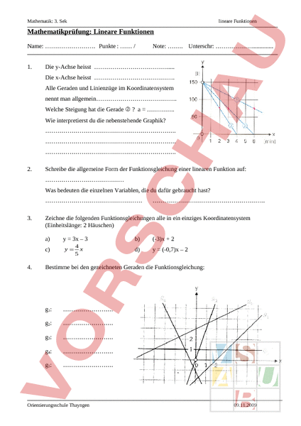 Arbeitsblatt: Lineare Funktionen Test - Mathematik - Gemischte Themen