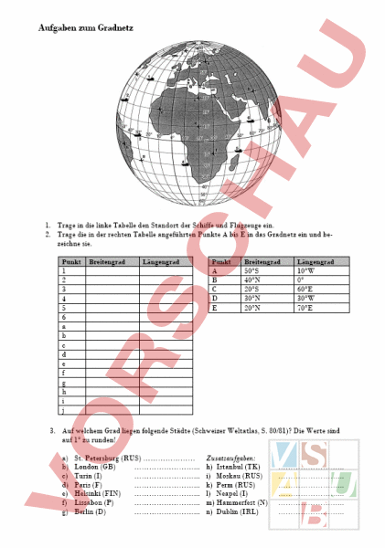 Arbeitsblatt: Gradnetz Aufgaben - Geographie - Kartographie / Gradnetz