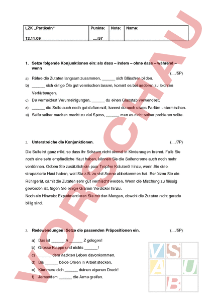 Arbeitsblatt: Lernzielkontrolle Partikeln - Deutsch - Grammatik