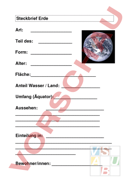 Arbeitsblatt: Steckbrief der Erde - Geographie - Gemischte Themen