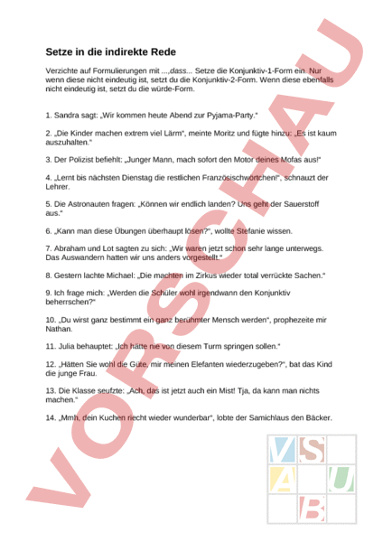 Arbeitsblatt: Setze in die indirekte Rede - Deutsch - Grammatik