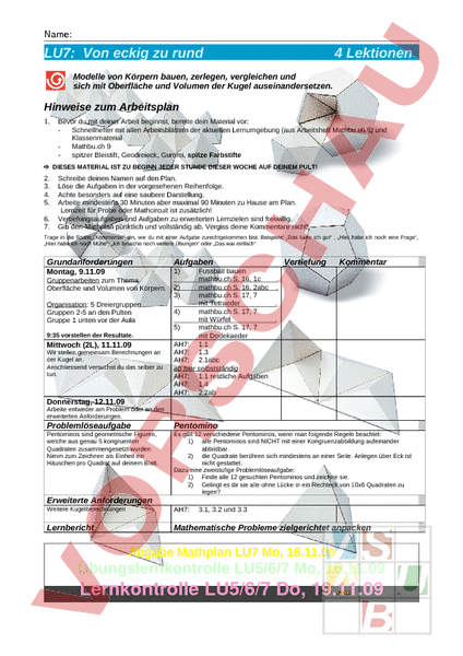 Arbeitsblatt: LU7 von eckig zu rund - Mathematik - Anderes Thema