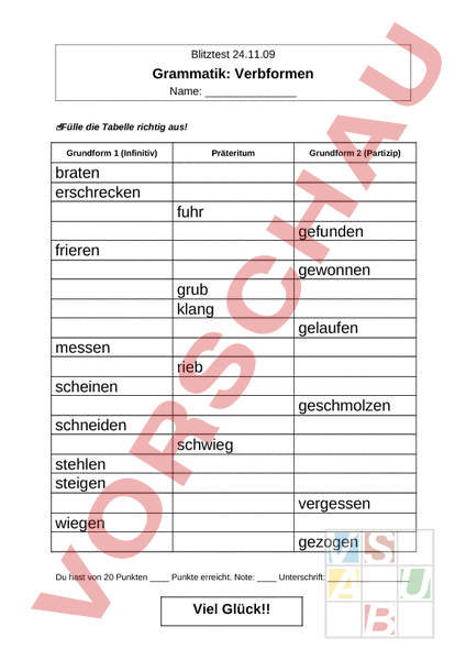 Arbeitsblatt: Blitztest zu Verbformen - Deutsch - Grammatik