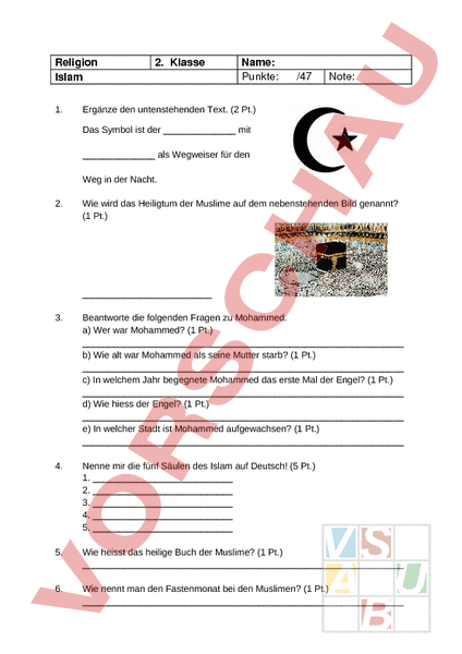 Arbeitsblatt: Prüfung Islam - Diverses / Fächerübergreifend - Anderes Thema