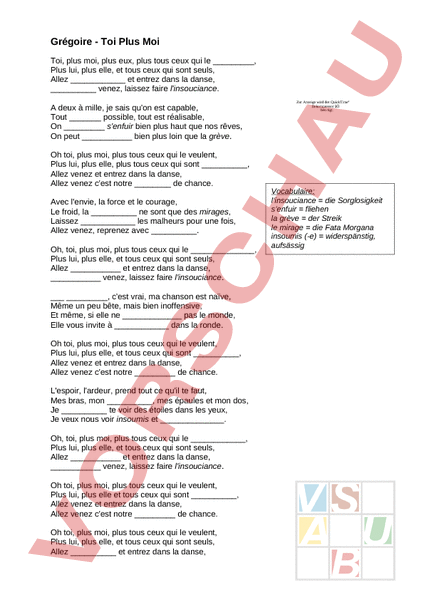 Arbeitsblatt: Gregoire - Toi plus Moi - Französisch - Anderes Thema