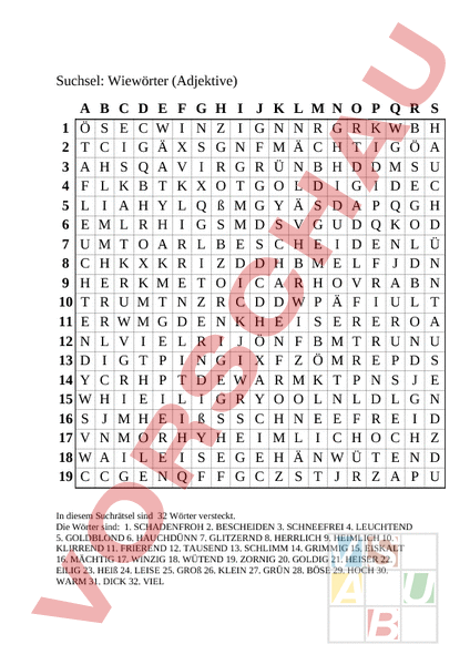Arbeitsblatt: Adjektive-Suchsel - Deutsch - Gemischte Themen