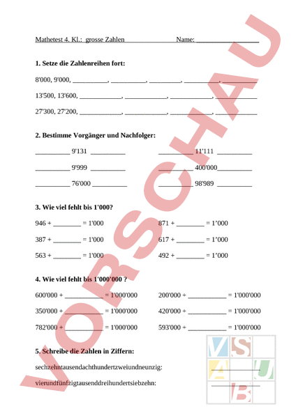 Arbeitsblatt: Mathetest grosse Zahlen - Mathematik - Zahlenbereiche