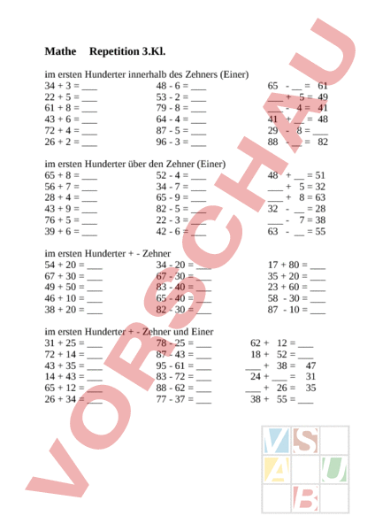 Arbeitsblatt: Matherepetition3. Primar - Mathematik - Gemischte Themen