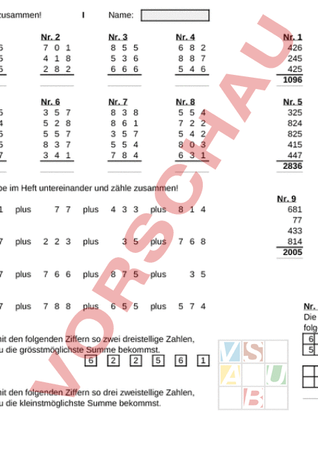 Arbeitsblatt: Schriftliche Addition II - Mathematik - Addition