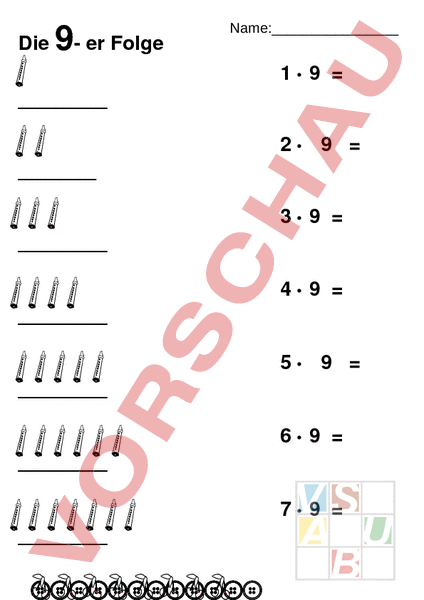 Arbeitsblatt: 9 er Folge - Mathematik - Multiplikation