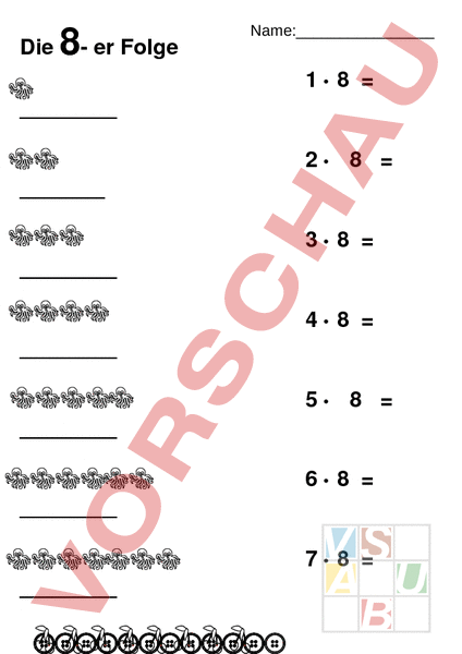 Arbeitsblatt: 8 er Folge - Mathematik - Multiplikation