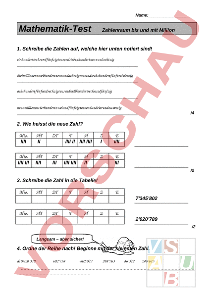 Arbeitsblatt: Zahlenraum-Test - Mathematik - Zahlenbereiche