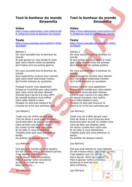 Arbeitsblatt: Tout le bonheur du monde - Musik - Singen / Lieder