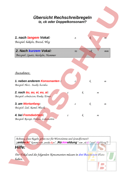 Arbeitsblatt: tz-, ck- und Doppelkonsonantenregel - Deutsch ...