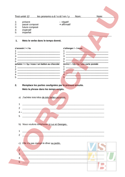 Arbeitsblatt: test de français unité 12 l'imparfait / les pronoms objet ...