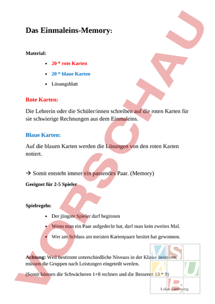 Arbeitsblatt: Memory-Spiel zur 1x1 Tafel - Mathematik - Multiplikation