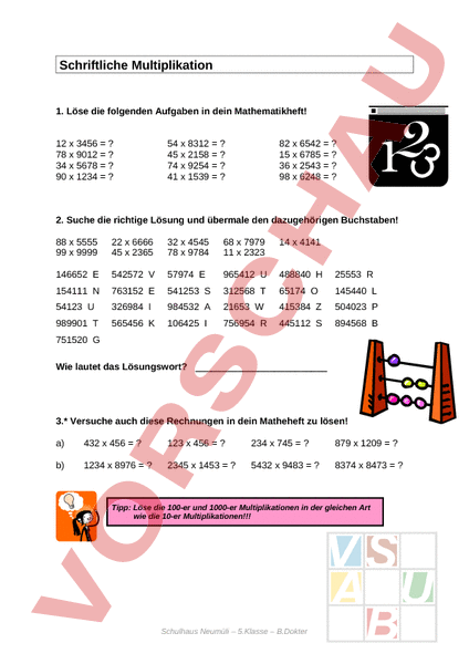 Arbeitsblatt: Schriftliche Multiplikation - Mathematik - Multiplikation