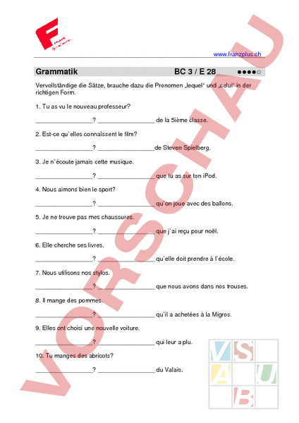 Arbeitsblatt: lequel celui - Französisch - Grammatik