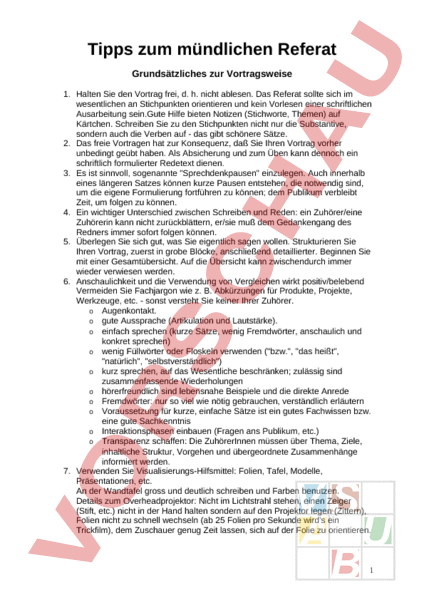 Arbeitsblatt: Tipps für Referate - Deutsch - Vorlesen / Vortragen ...
