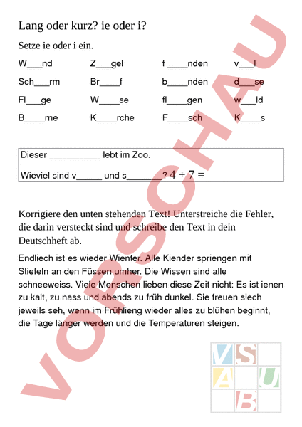 Arbeitsblatt: ie / i - Deutsch - Rechtschreibung