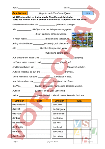 Arbeitsblatt: Pluralformen - Deutsch - Grammatik