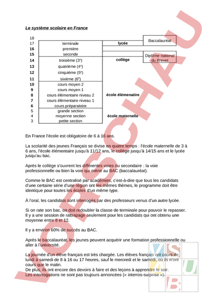 Arbeitsblatt: système scolaire en france - Französisch - Anderes Thema