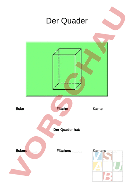 Arbeitsblatt: Der Quader - Geometrie - Körper / Figuren