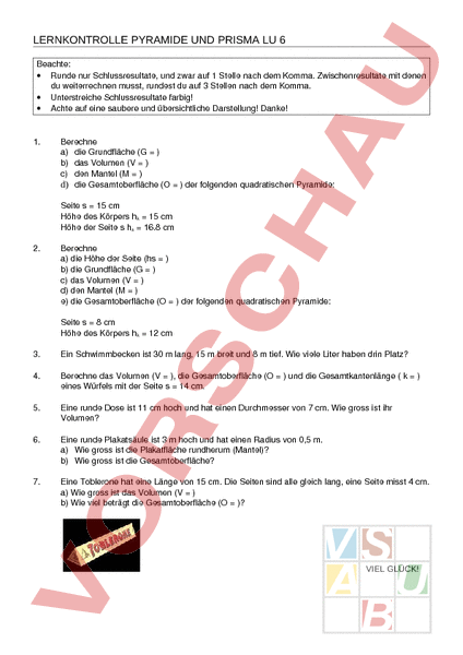 Arbeitsblatt: Lernkontrolle Pyramide und Prisma - Geometrie - Körper ...
