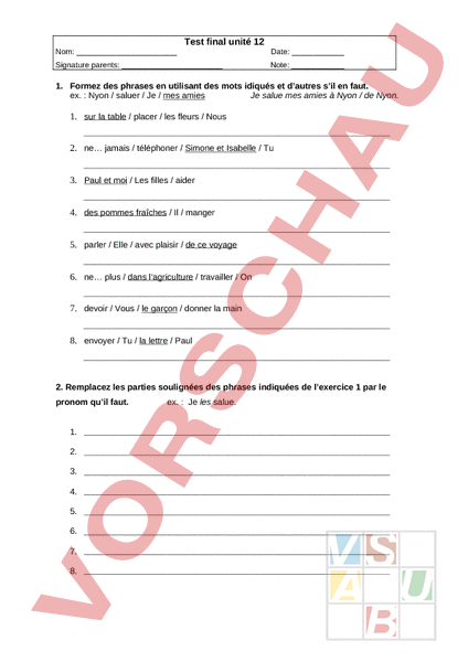 Arbeitsblatt: Test final Unité 12 - Französisch - Grammatik