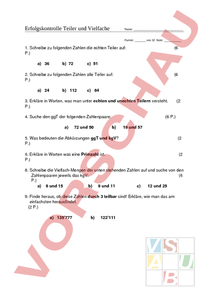 Arbeitsblatt: teiler und Vielfache - Mathematik - Anderes Thema