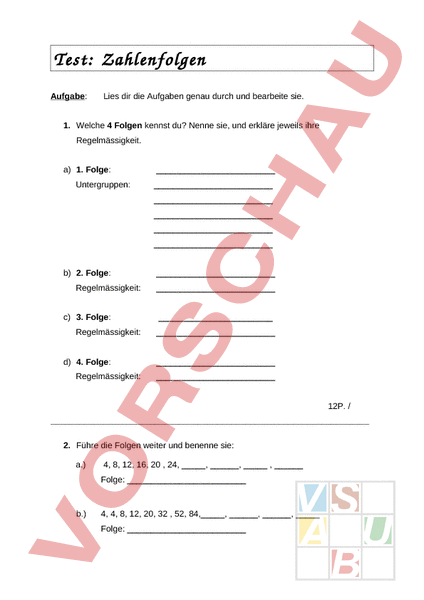 Arbeitsblatt: Test Zahlenfolgen - Mathematik - Zahlensysteme