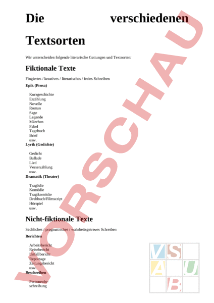 Arbeitsblatt: Die verschiedenen Textsorten - Deutsch - Texte schreiben