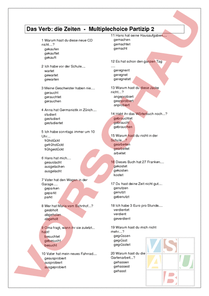 Arbeitsblatt: Multiple Choice: Partizip 2 - Deutsch - Grammatik