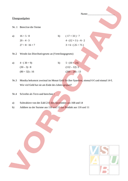 Arbeitsblatt: Terme - Mathematik - Algebra