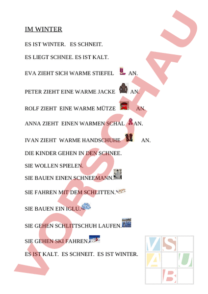 Arbeitsblatt: Winter - Deutsch - Erstlesen