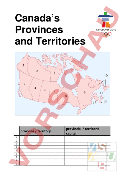Arbeitsblatt: Canada's Provinces and Territories - Englisch - Anderes Thema