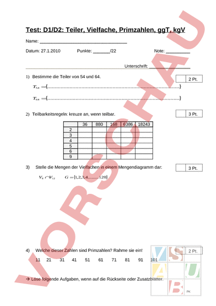 Arbeitsblatt: Test Teiler, Vielfache, Primzahlen, ggT,kgV - Mathematik ...