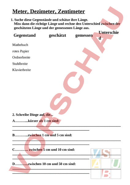 Arbeitsblatt: Meter, Dezimeter, Zentimeter - Mathematik - Sachrechnen ...