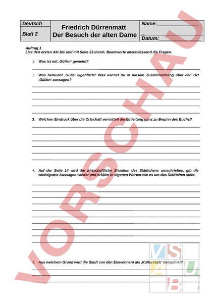 Arbeitsblatt: Dürrenmatt: Der Besuch der alten Dame - Deutsch ...