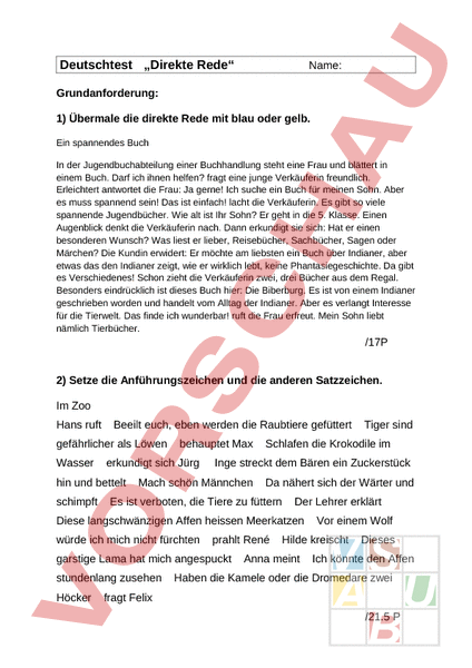 Arbeitsblatt: Direkte Rede - Deutsch - Grammatik