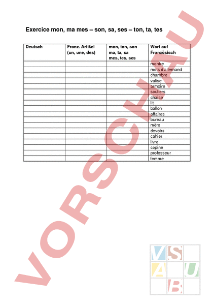 Arbeitsblatt: mon-ma-mes - Französisch - Grammatik