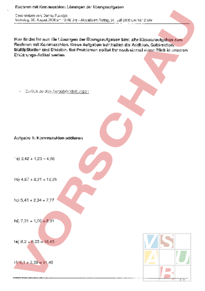 Arbeitsblatt: Rechnen mit Kommazahlen - Mathematik - Brüche / Dezimalzahlen