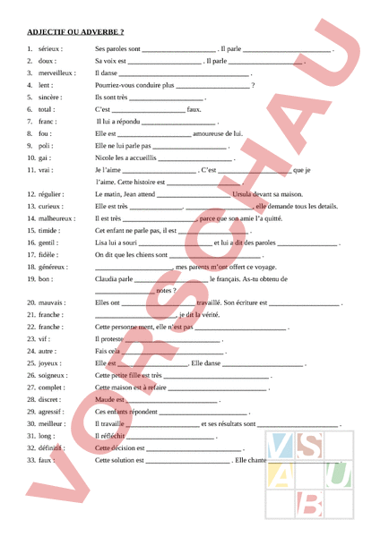 Arbeitsblatt: Adjectif ou adverbe - Französisch - Grammatik