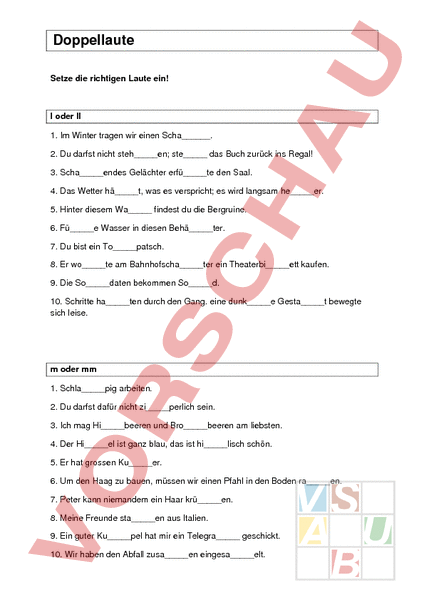 Arbeitsblatt: Übungsblatt Doppellaute - Deutsch - Grammatik