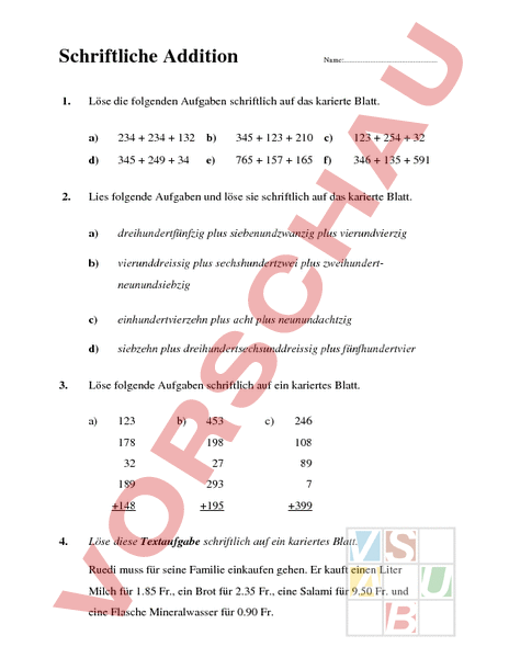 Arbeitsblatt: Schriftliche Addition - Mathematik - Addition