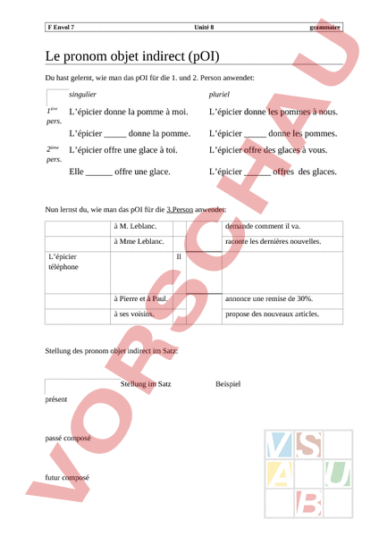 Arbeitsblatt: Le pronom objet indirect - Französisch - Grammatik