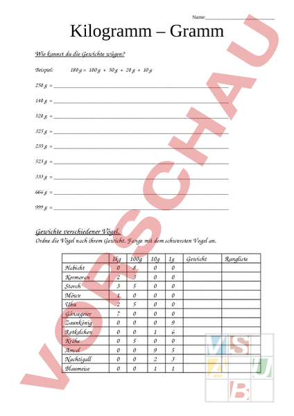Arbeitsblatt: Kilogramm - Gramm - Mathematik - Sachrechnen / Grössen Arbeitsblatt: Kilogramm - Gramm - Mathematik - Sachrechnen / Grössen
