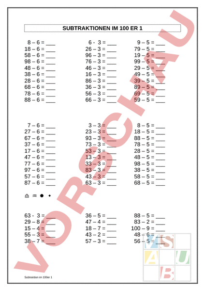 Arbeitsblatt: Subtraktionen im 100-er - Mathematik - Subtraktion